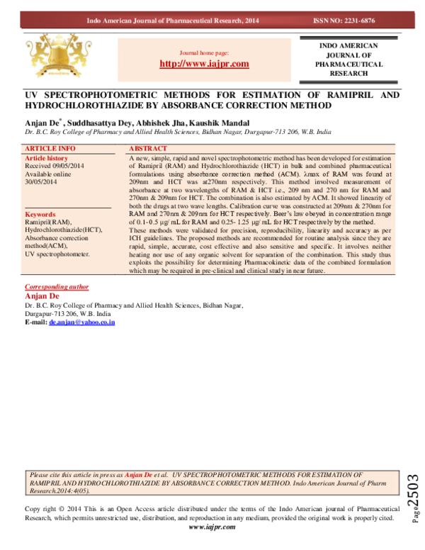 Pdf Uv Spectrophotometric Methods For Estimation Of Ramipril And Hydrochlorothiazide By