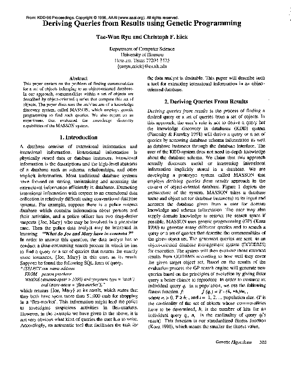 (PDF) Deriving Queries from Results Using Genetic Programming