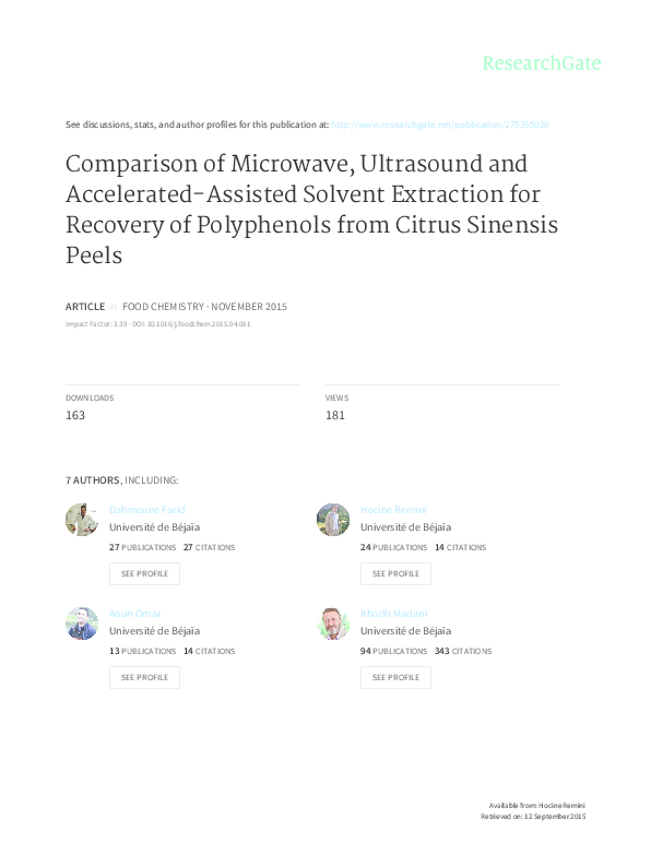 Pdf Comparison Of Microwave Ultrasound And Accelerated Assisted Solvent Extraction For