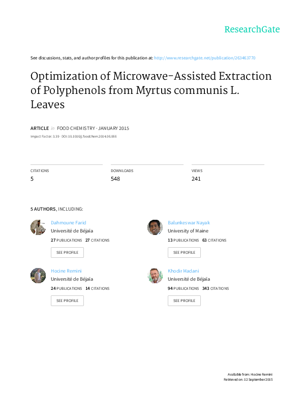 Pdf Optimization Of Microwave Assisted Extraction Of Polyphenols From Myrtus Communis L Leaves