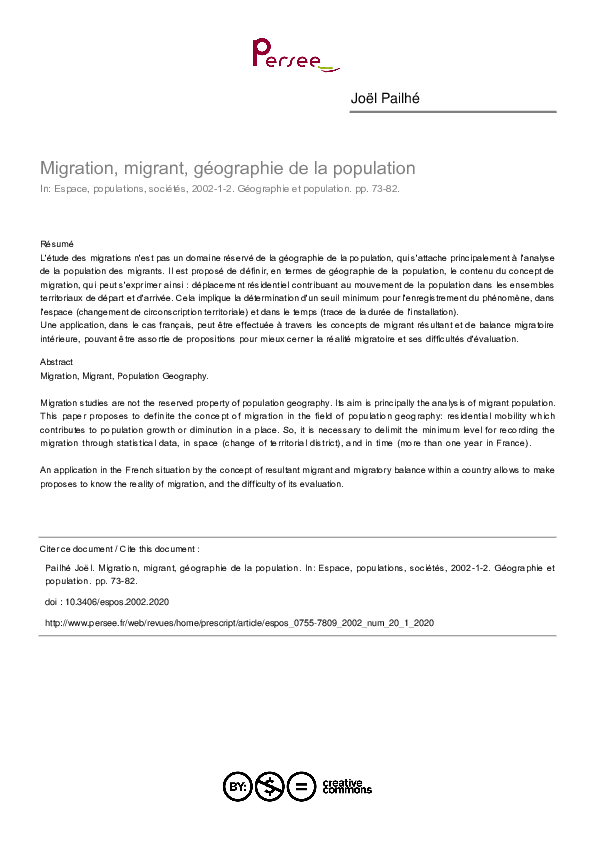 (PDF) Migration, migrant, géographie de la population