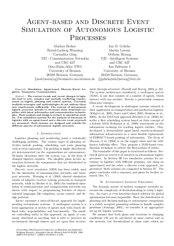 (PDF) Agent-based and Discrete Event Simulation of Autonomous Logistic Processes | Otthein ...