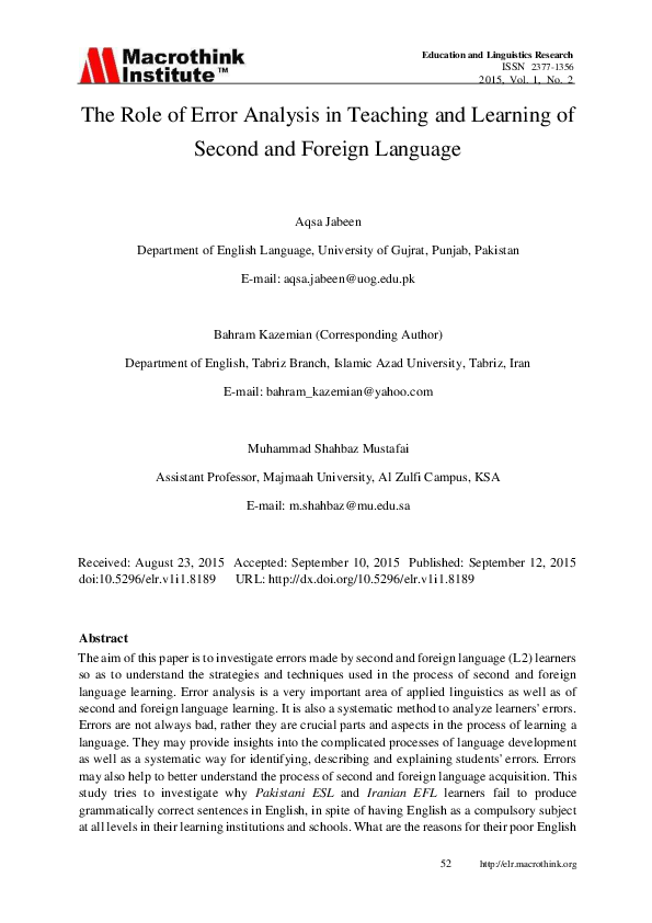 Pdf The Role Of Error Analysis In Teaching And Learning Of Second And Foreign Language