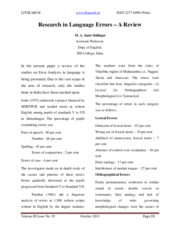 (PDF) Research in Language Errors – A Review