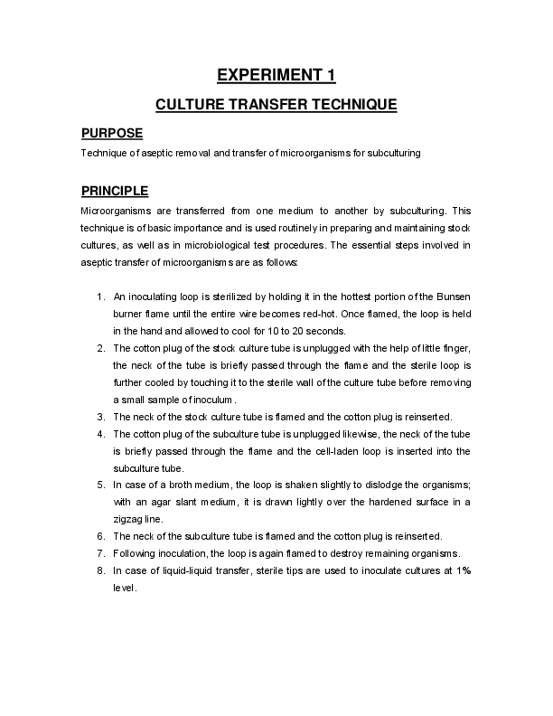 (PDF) EXPERIMENT 1 CULTURE TRANSFER TECHNIQUE PURPOSE Technique of ...