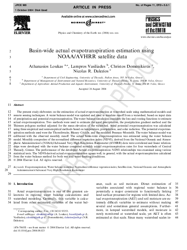 Pdf Asin Wide Actual Evapotranspiration Estimation Using Noaa Avhrr Satellite Data