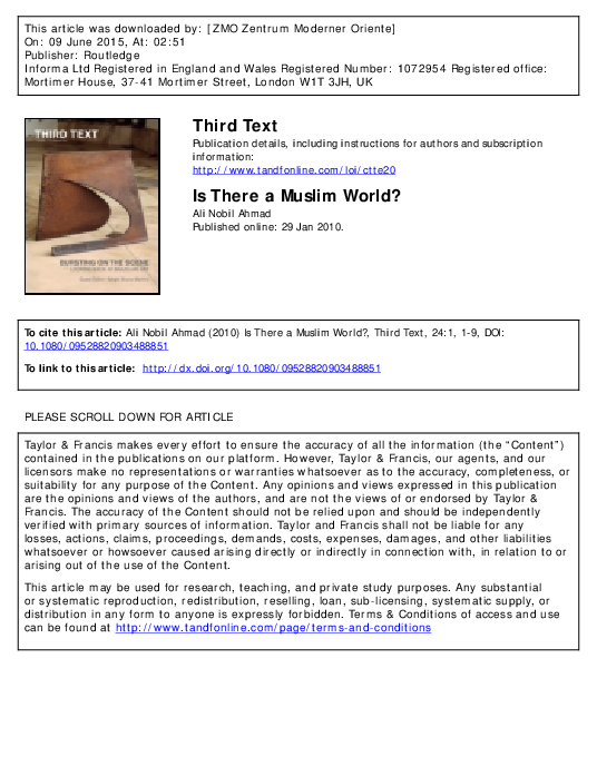 (PDF) "Is there a Muslim World?"(2010) in Third Text (Issue 104 ...