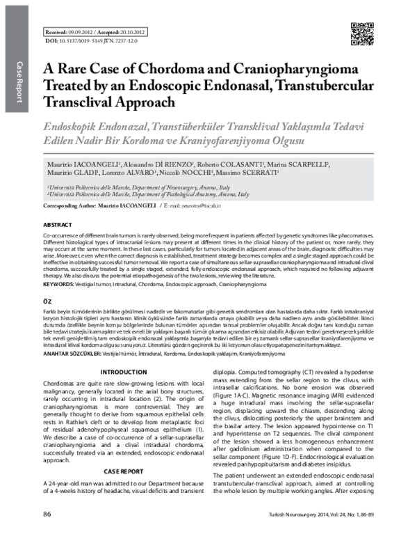 (PDF) A rare case of chordoma and craniopharyngioma treated by an endoscopic endonasal ...