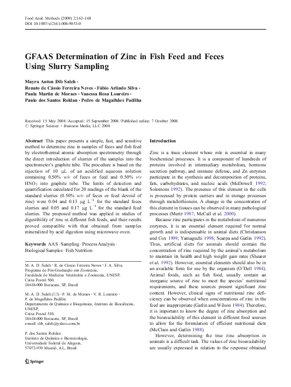 (PDF) GFAAS Determination of Zinc in Fish Feed and Feces Using Slurry ...