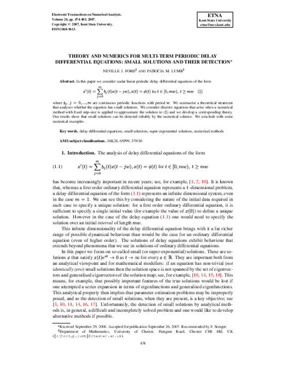 (PDF) THEORY AND NUMERICS FOR MULTI-TERM PERIODIC DELAY DIFFERENTIAL EQUATIONS: SMALL SOLUTIONS ...