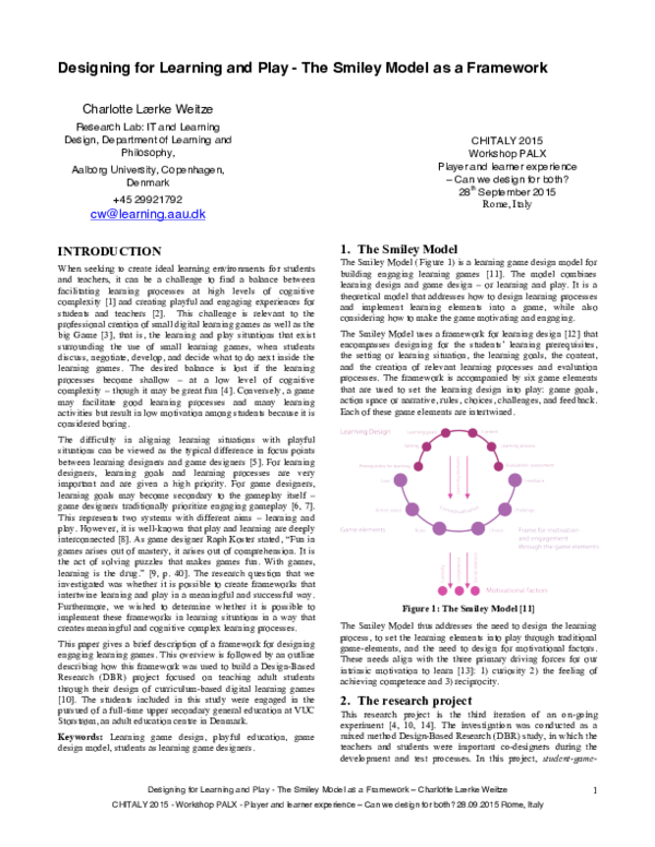 (PDF) Designing for Learning and Play - The Smiley Model as a Framework