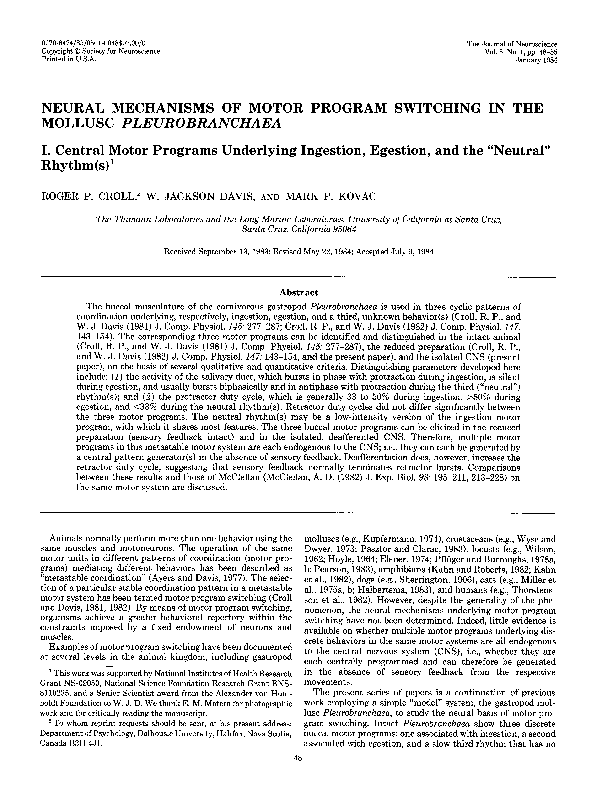 (PDF) NEURAL MECHANISMS OF MOTOR PROGRAM SWITCHING IN THE MOLLUSC PLEUROBRANCHAEA I. Central ...