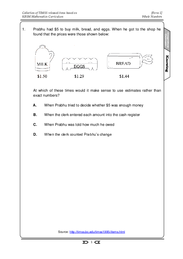Collection of TIMSS released items based on KBSM Mathematics Curriculum [Form 1] Whole Numbers
