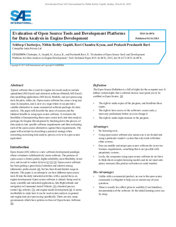 Pdf Evaluation Of Open Source Tools And Development Platforms For Data Analysis In Engine