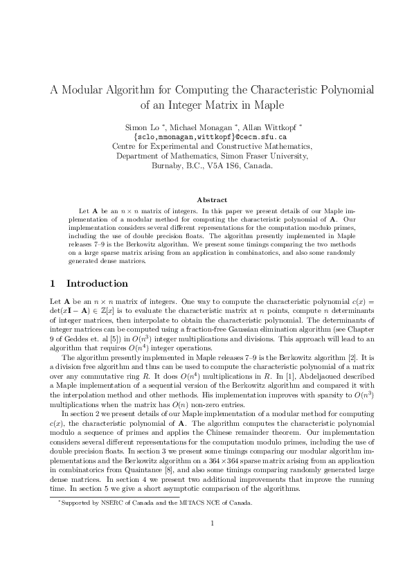 Pdf Modular Algorithm For Characteristic Polynomial
