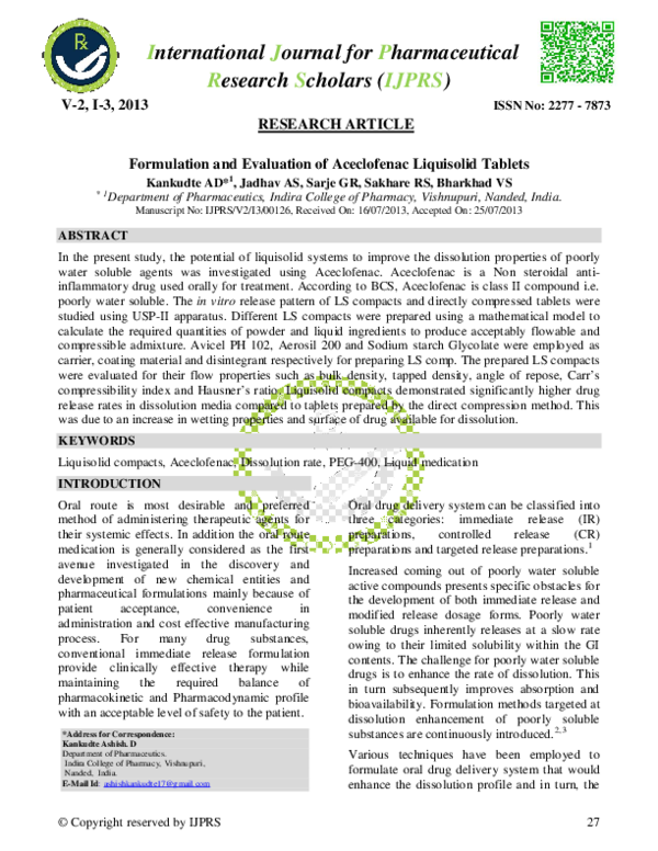 Pdf Formulation And Evaluation Of Aceclofenac Liquisolid Tablets