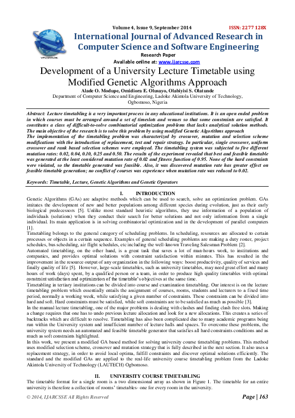 Pdf Development Of A University Lecture Timetable Using Modified Genetic Algorithms Approach