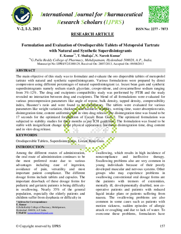 Pdf Formulation And Evaluation Of Orodispersible Tablets Of Metoprolol Tartrate With Natural