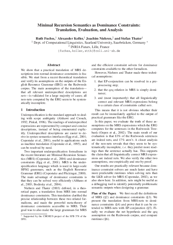Pdf Minimal Recursion Semantics As Dominance Constraints Translation