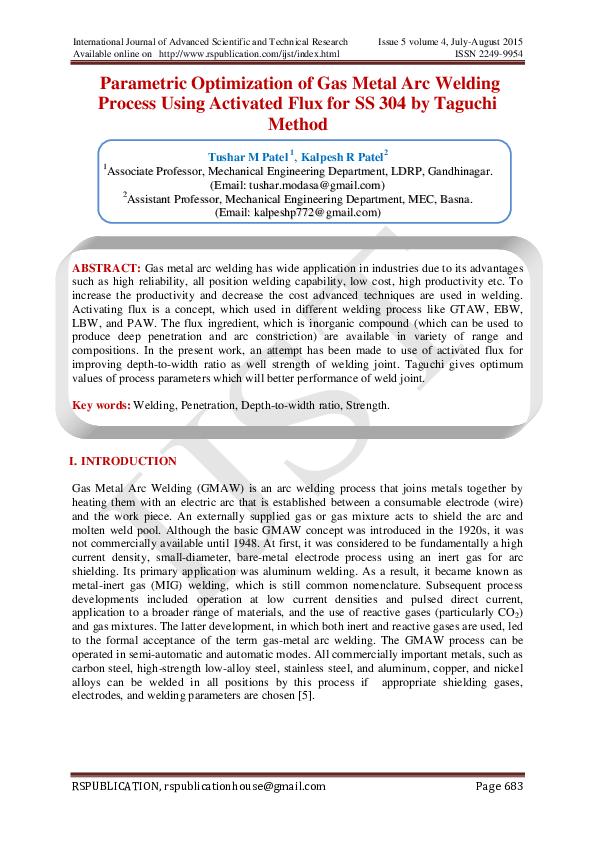 (PDF) Parametric Optimization of Gas Metal Arc Welding Process Using Activated Flux for SS 304 ...