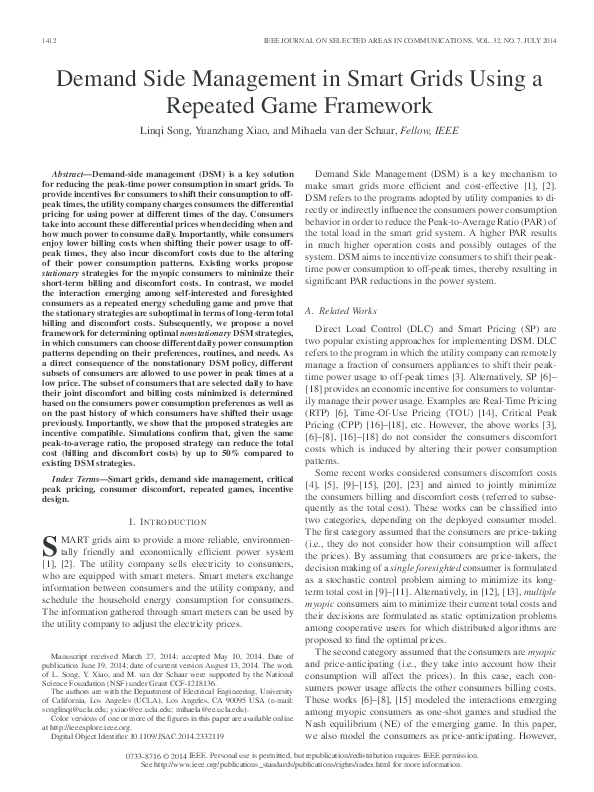Pdf Demand Side Management In Smart Grids Using A Repeated Game Framework