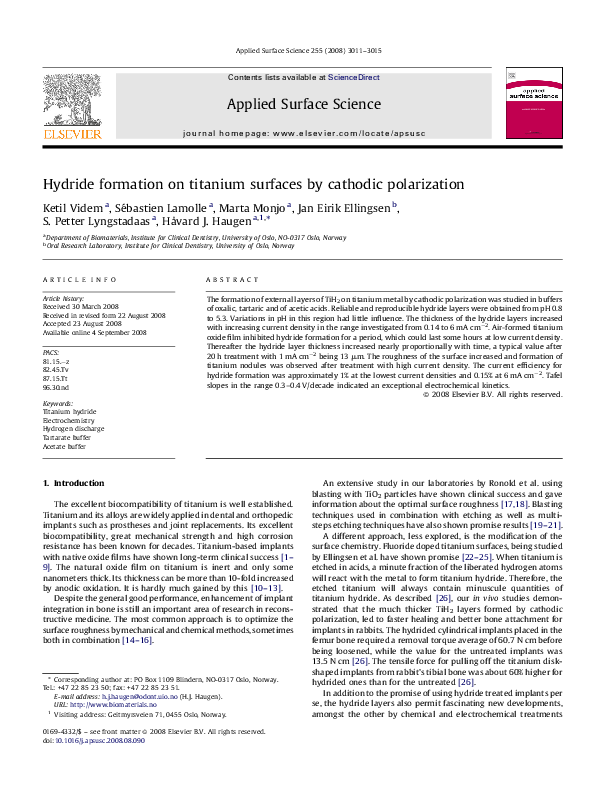 (PDF) Hydride formation on titanium surfaces by cathodic polarization