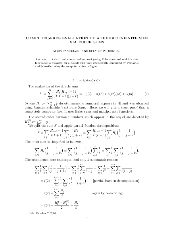 Pdf Computer Free Evaluation Of A Double Infinite Sum Via Euler Sums