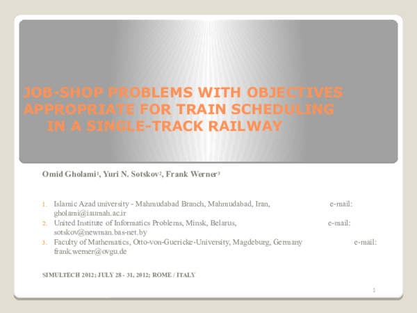 Ppt Job Shop Scheduling With Objectives Appropriate For Train Scheduling In A Single Track 