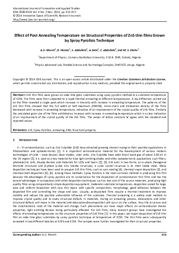 (PDF) Effect of Post Annealing Temperature on Structural Properties of ZnS thin films Grown by ...