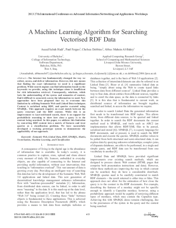 Pdf A Machine Learning Algorithm For Searching Vectorised Rdf Data