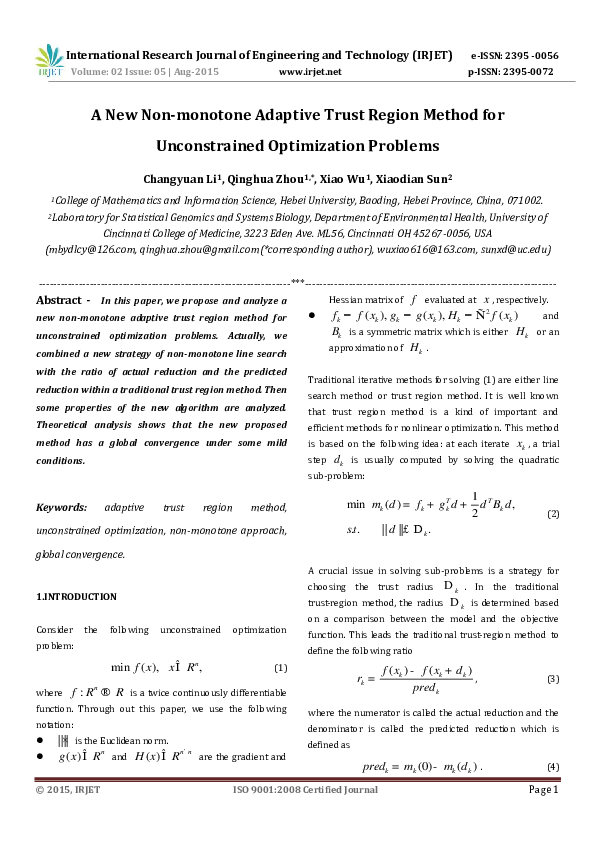 Pdf Irjet A New Non Monotone Adaptive Trust Region Method For Unconstrained Optimization