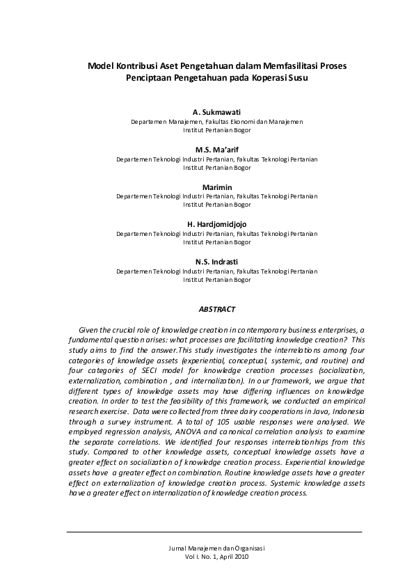 Knowledge Assets Contribution Model in Facilitating Knowledge Creation Proces in Dairy Cooperativess