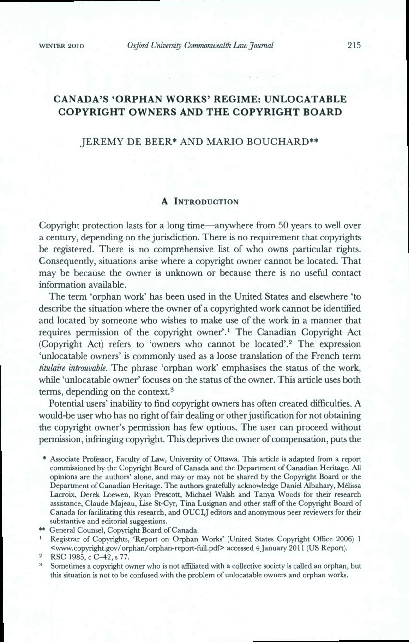 (PDF) Canada's 'Orphan Works' Regime: Unlocatable Copyright Owners and ...
