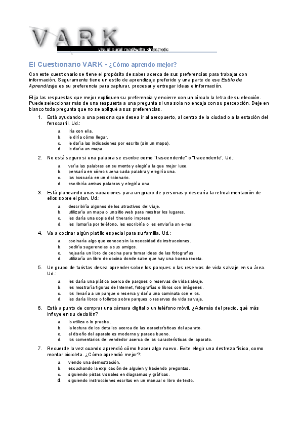 (PDF) El Cuestionario VARK -¿Cómo aprendo mejor