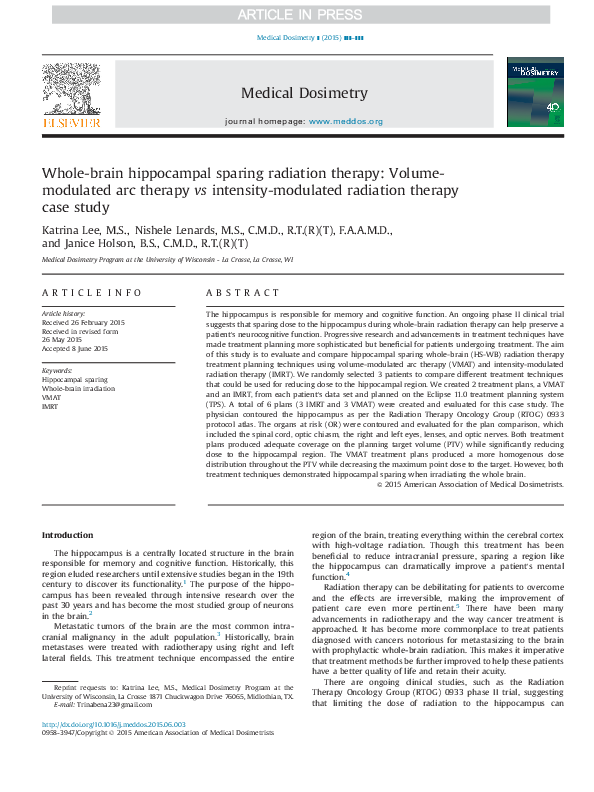 (PDF) Whole-brain hippocampal sparing radiation therapy: Volume ...