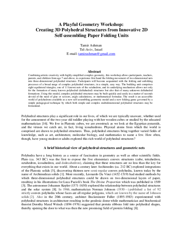 (PDF) A Playful Geometry Workshop: Creating 3D Polyhedral Structures from Innovative 2D Self ...