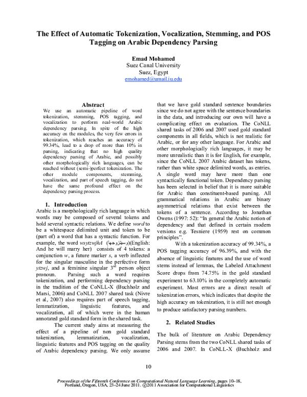 (PDF) The Effect of Automatic Tokenization, Vocalization, Stemming, and POS Tagging on Arabic ...