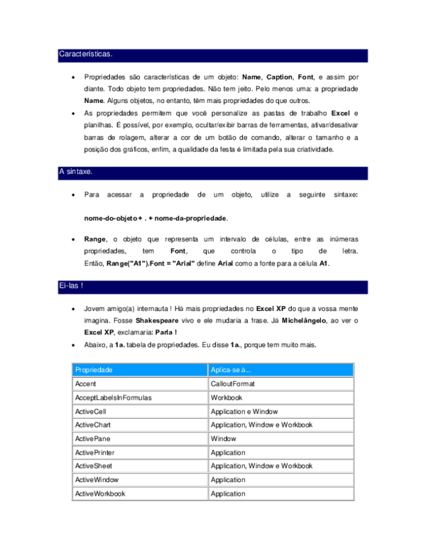Propriedades de Objetos VBA