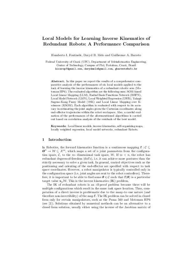 Pdf Local Models For Learning Inverse Kinematics Of Redundant Robots A Performance Comparison