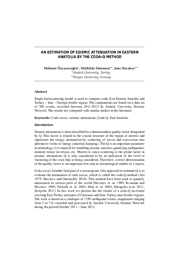 Pdf An Estimation Of Seismic Attenuation In Eastern Anatolia By The