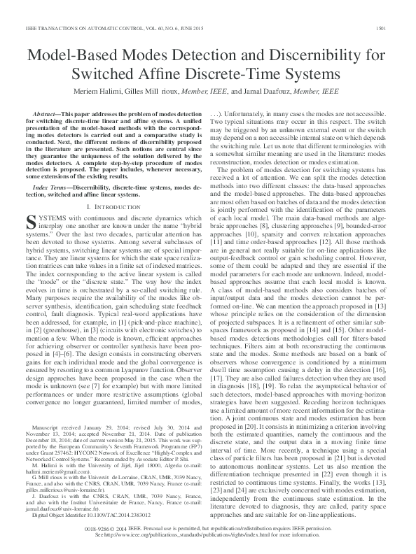 (PDF) Model-Based Modes Detection and Discernibility for Switched Affine Discrete-Time Systems