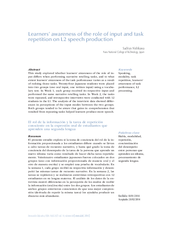 (PDF) Learners’ awareness of the role of input and task repetition on ...