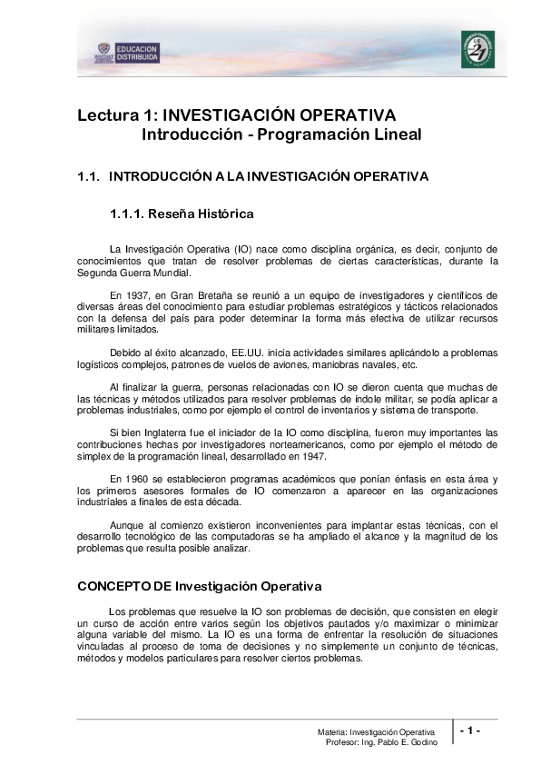 (PDF) Lectura 1: INVESTIGACIÓN OPERATIVA Introducción -Programación Lineal 1.1. INTRODUCCIÓN A ...