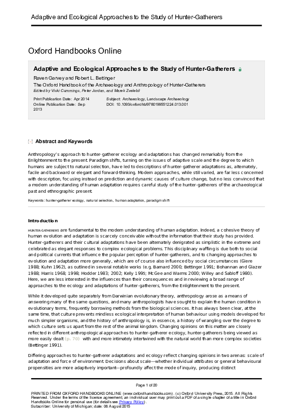 (PDF) Adaptive and Ecological Approaches to the Study of Hunter-Gatherers