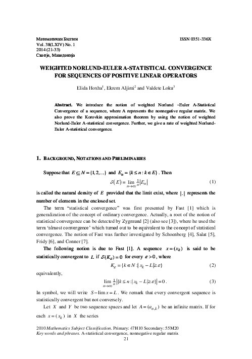 Pdf Weighted Norlund Euler A Statistical Convergence For Sequences Of