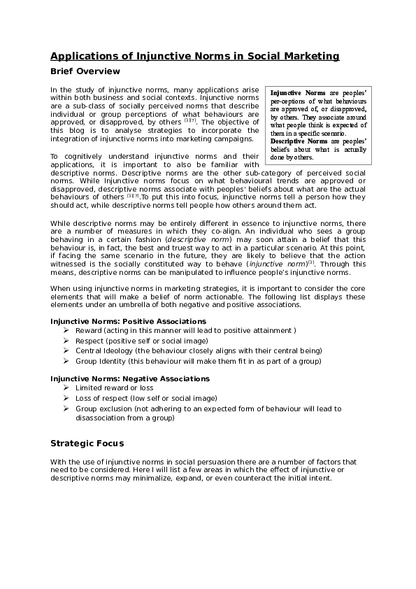 (DOC) Applications of Injunctive Norms in Social Marketing Brief Overview