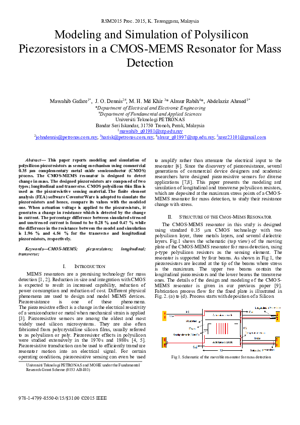 Pdf Modeling And Simulation Of Polysilicon Piezoresistors In A Cmos Mems Resonator For Mass