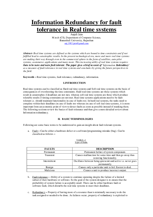 (PDF) Information Redundancy for fault tolerance in Real time systems