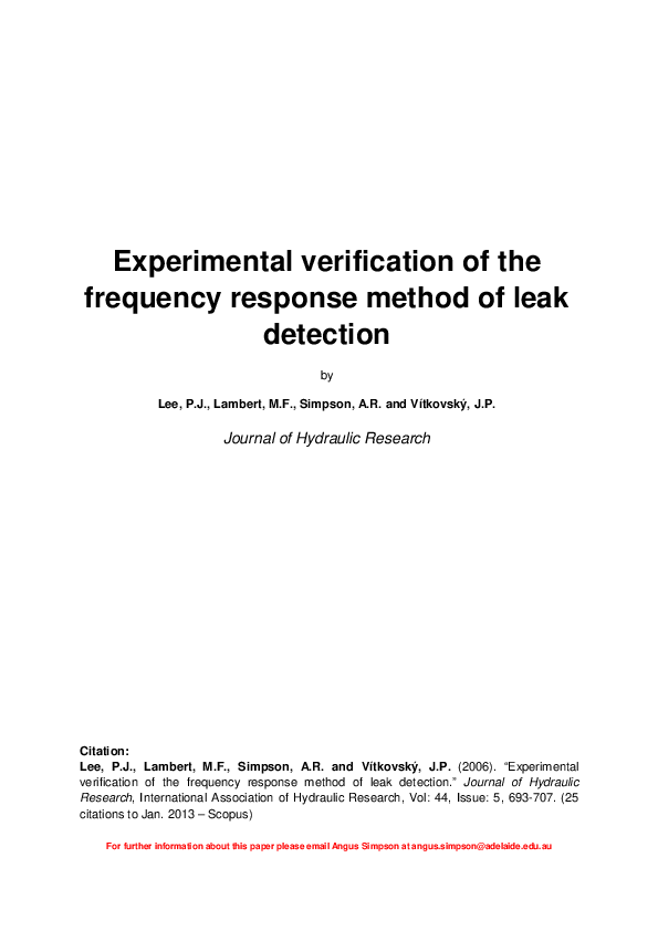(PDF) Experimental verification of the frequency response method for pipeline leak detection