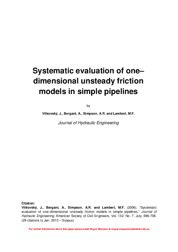 (PDF) Systematic Evaluation of One-Dimensional Unsteady Friction Models in Simple Pipelines